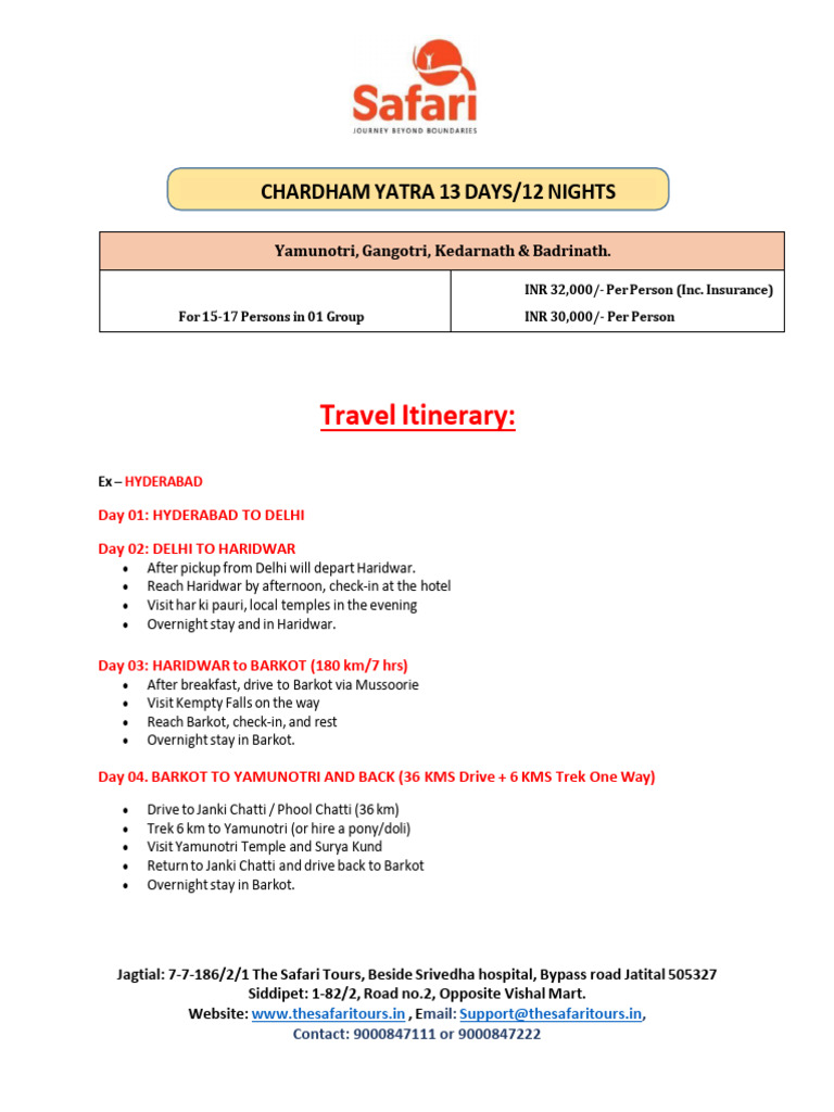 Chardham Yatra by Road 13d12n Ex-Hyd - Safari Itinerary | PDF | Transport