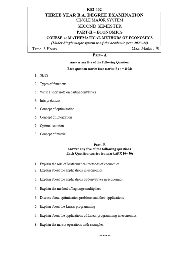 Mathematical Methods For Economics | PDF