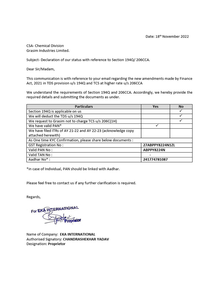Declaration Form - TDS | PDF