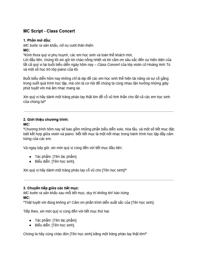 MC Script - Class Concert: 1. Phần mở đầu: MC | PDF