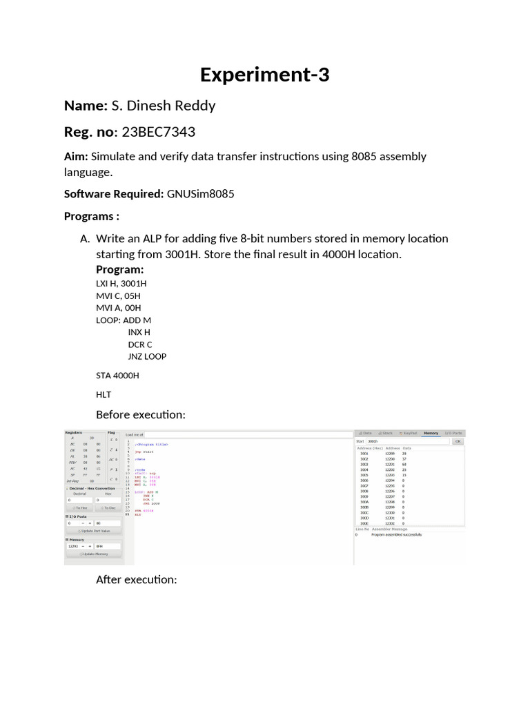 8085 Assembly Language Data Transfer Simulation | PDF