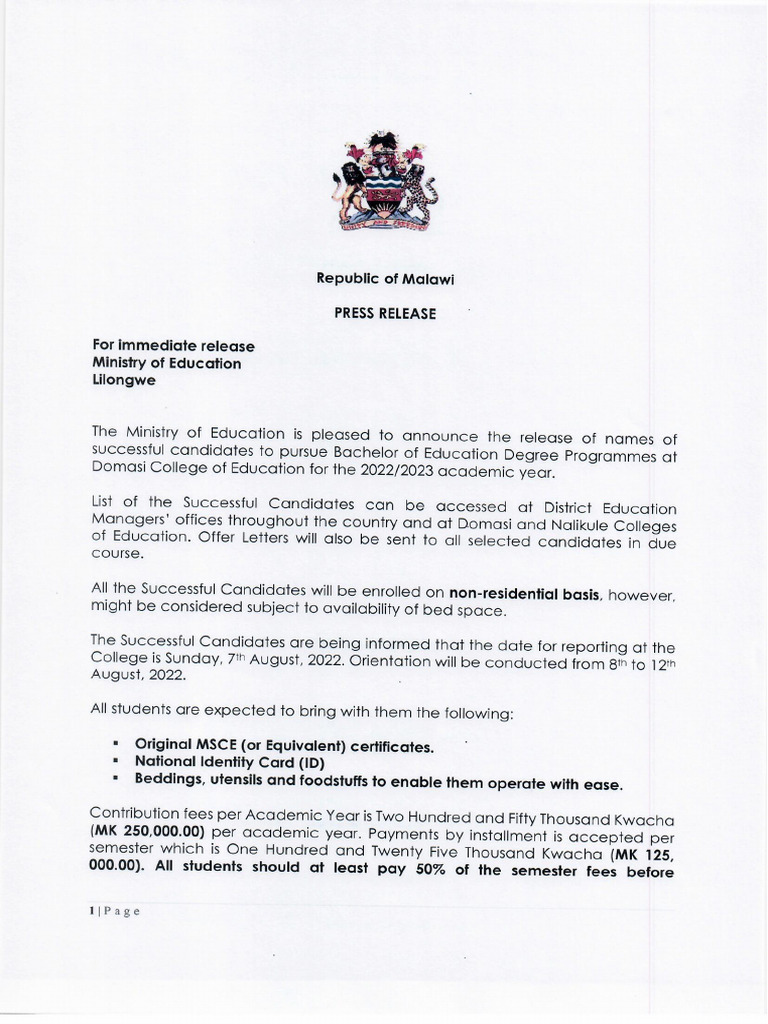 Domasi College Press Release | PDF