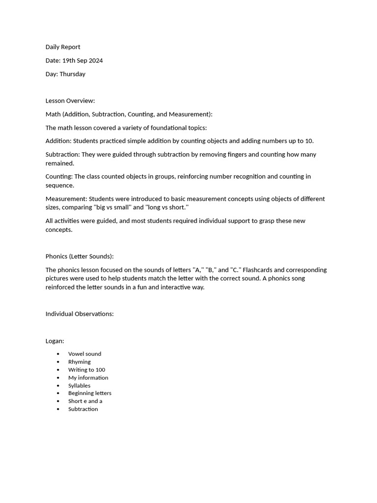 Daily Report 19th and 20th Sep 24 (1) .Docx,.,.,sdfsdf | PDF | Phonics | Syllable