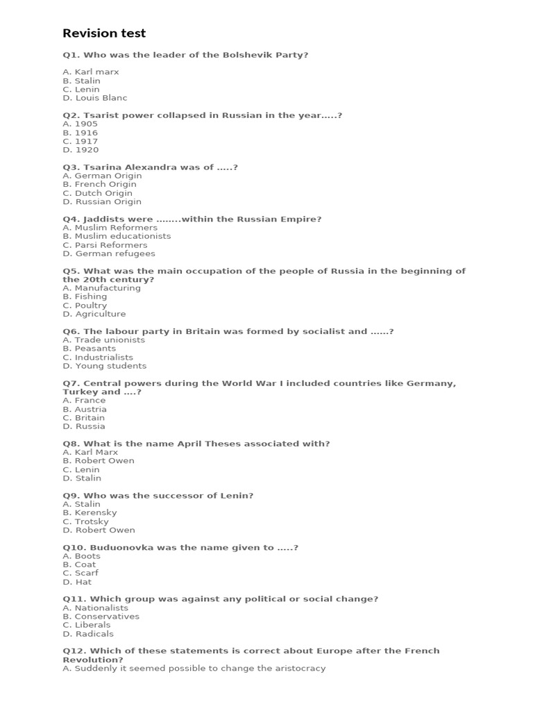 Russian Revolution Revision Test | PDF | Vladimir Lenin | Russian ...