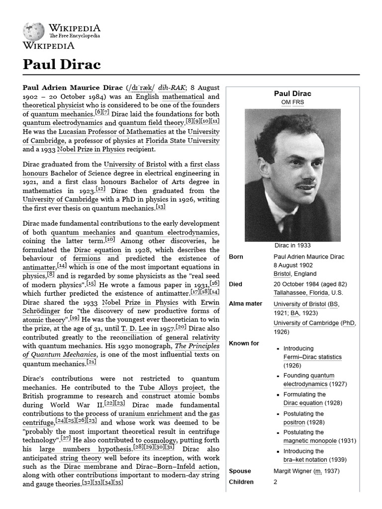 Paul Dirac - Wikipedia | PDF | Quantum Electrodynamics | Spin (Physics)