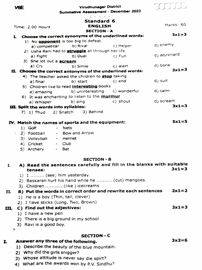 6th-English-Term-2-Exam-2023-Question-Paper-Virudhunagar-District-PDF ...