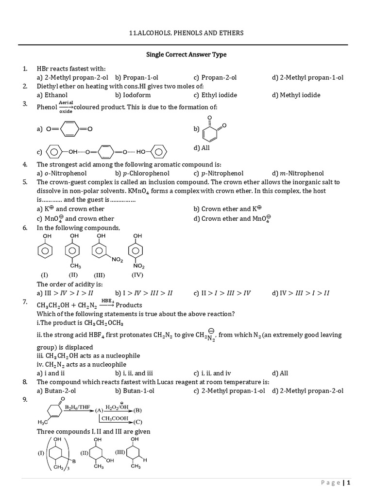 Alcohols, Phenols, and Ethers Quiz | PDF | Ether | Ethanol