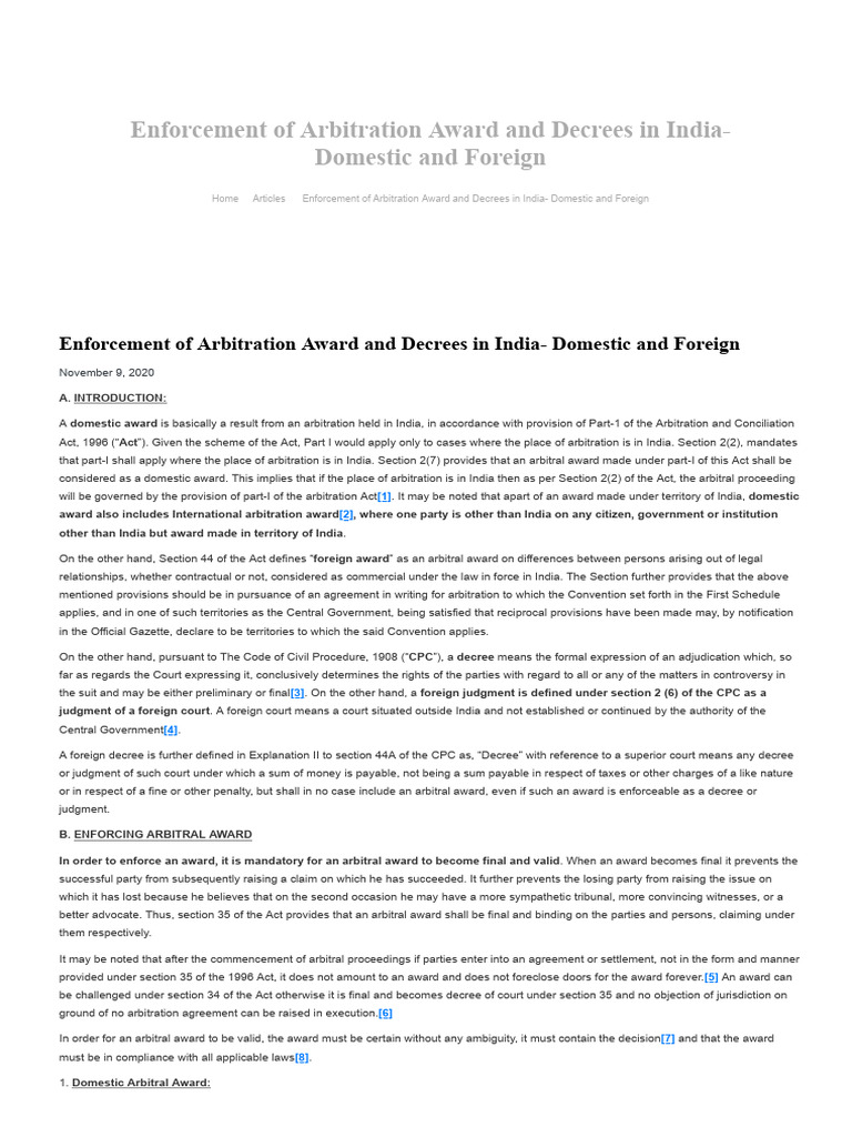 Enforcement of Arbitration Award and Decrees in India - Domestic and Foreign | PDF | Lawsuit ...