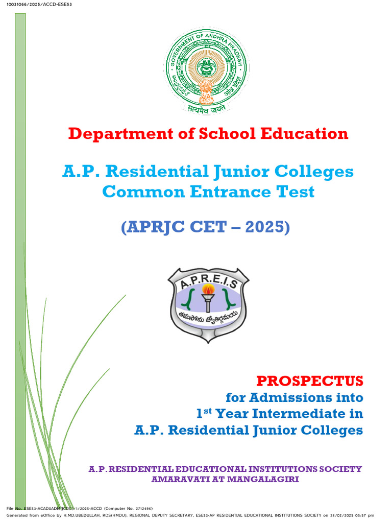 APRJC CET Prospectus 2025-26 | PDF