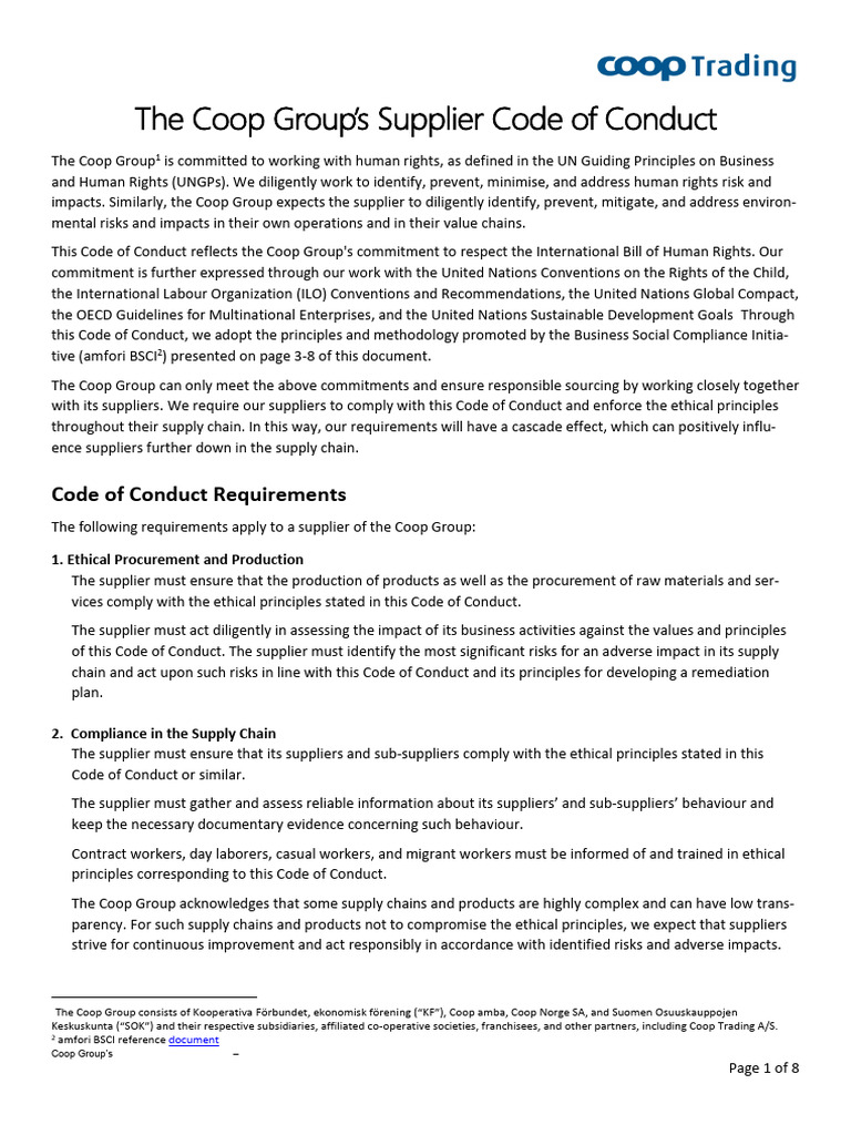 Coop Group Supplier Code of Conduct | PDF | Occupational Safety And ...