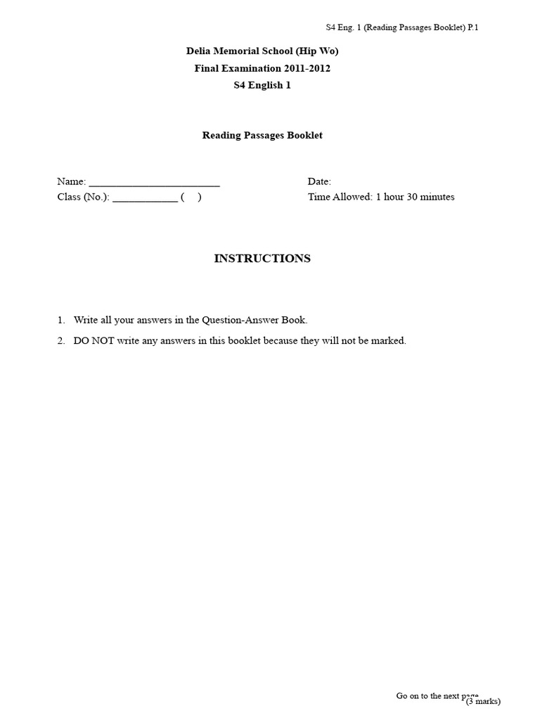 s4 Reading Passages Booklet | PDF