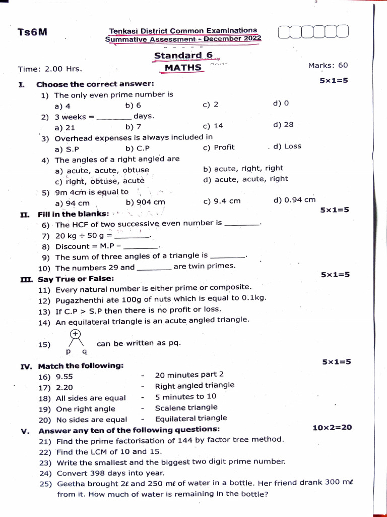 6th Maths Half Yearly Exam 2022 Original Question Paper Thenkasi ...