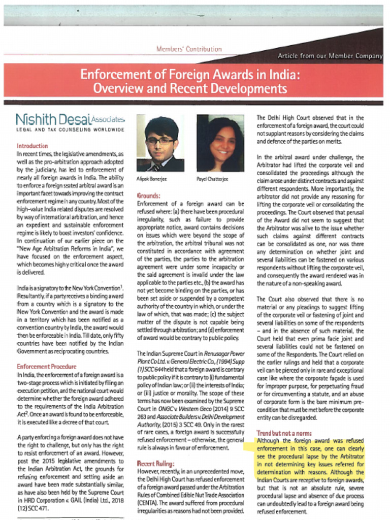 A Enforcement of Foreign Awards in India | PDF