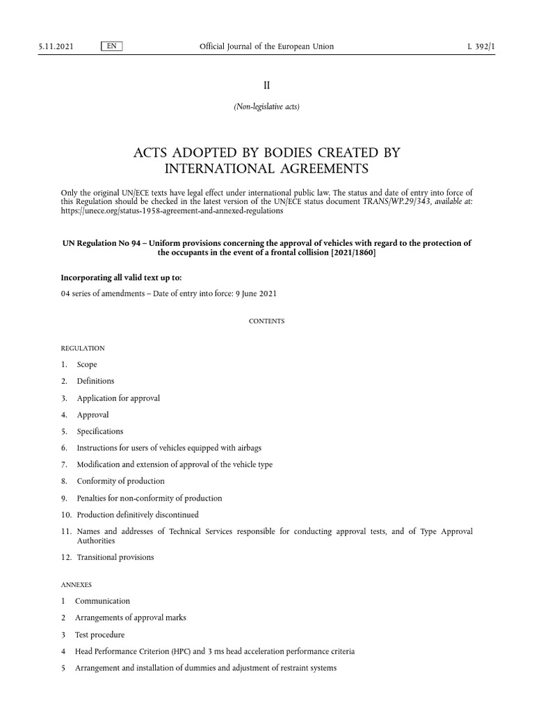 Un Ece R94 | PDF | Airbag | High Voltage