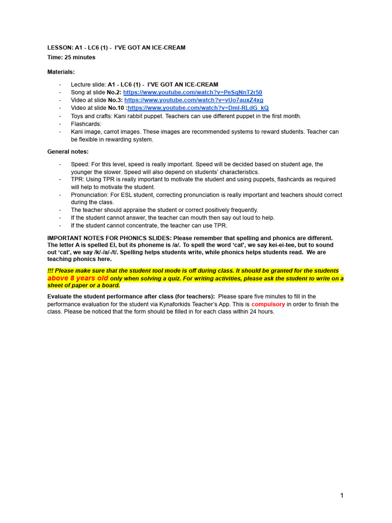 A1 - LC6 (1) - I’VE GOT AN ICE-CREAM lp | PDF | Phonics | Learning