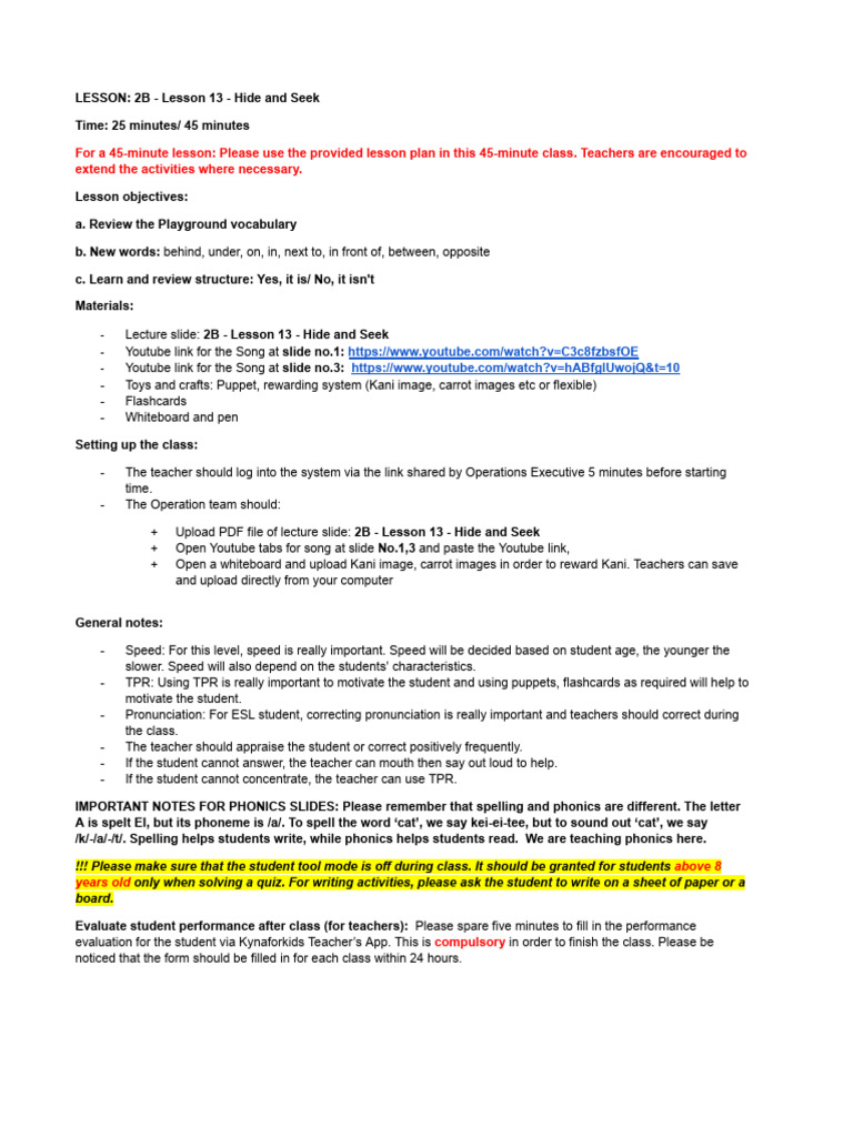 2B Lesson 13: Hide and Seek Activities | PDF | Phonics | Learning