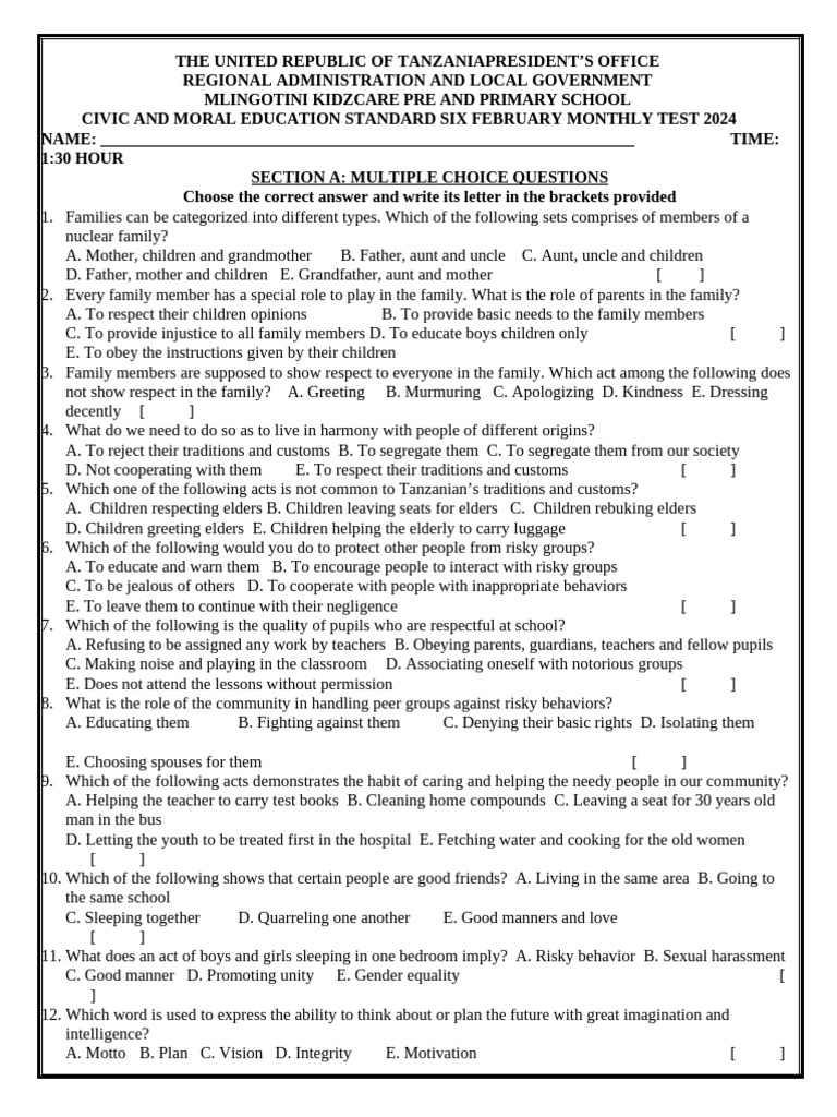 Standard Six Civic Education Test 2024 | PDF | Julius Nyerere