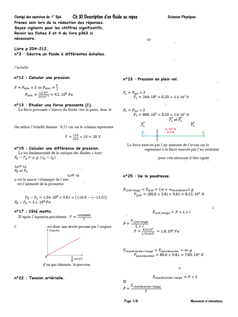 XI Description d'un fluide au repos Corrigé des exos | PDF | Pression ...