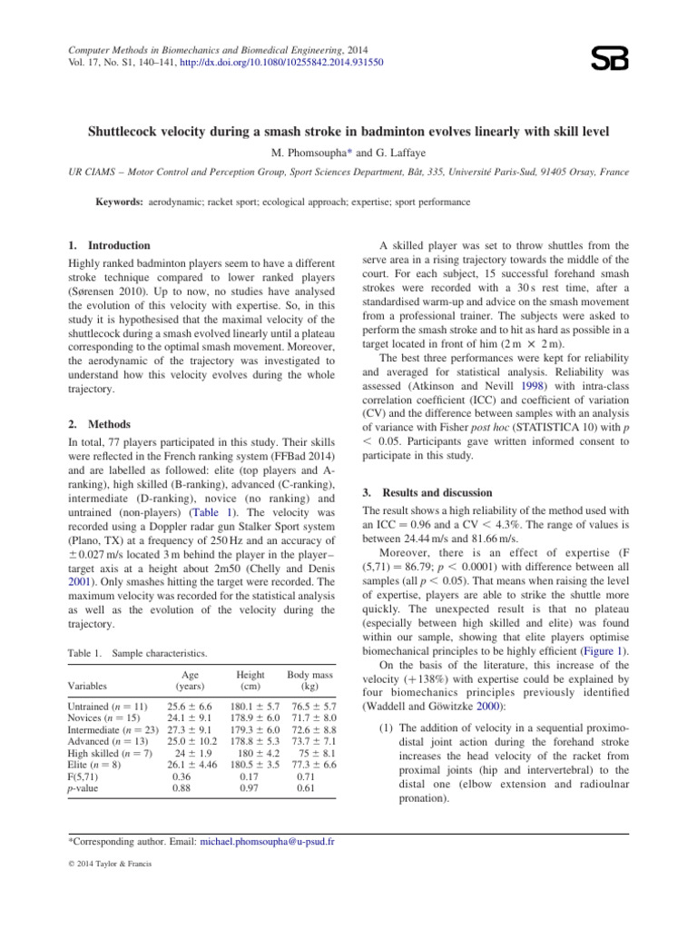 Shuttlecock Velocity During A Smash Stroke | PDF | Force