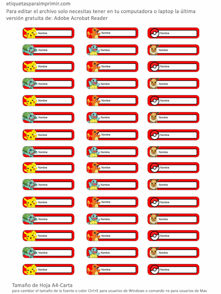 Etiquetas para Lapices Pokemon para Imprimir | PDF