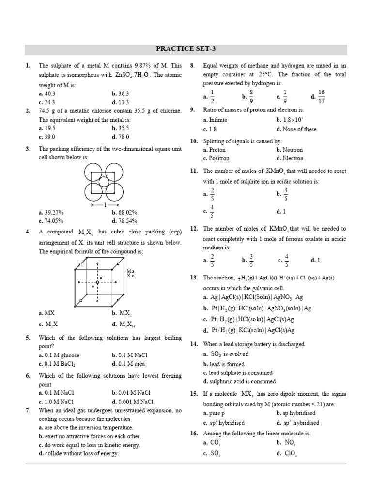 Chemistry Practice Set 3 Questions | PDF | Mole (Unit) | Proton
