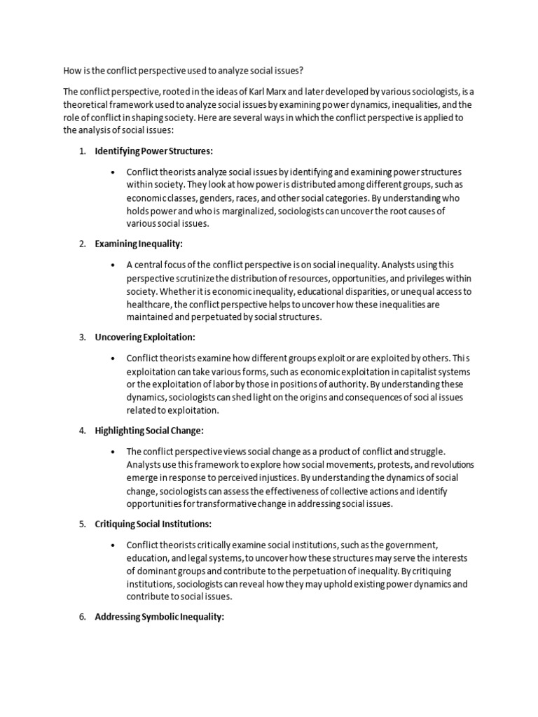 How Is The Conflict Perspective Used To Analyze Social Issues | PDF | Sociology | Exploitation ...