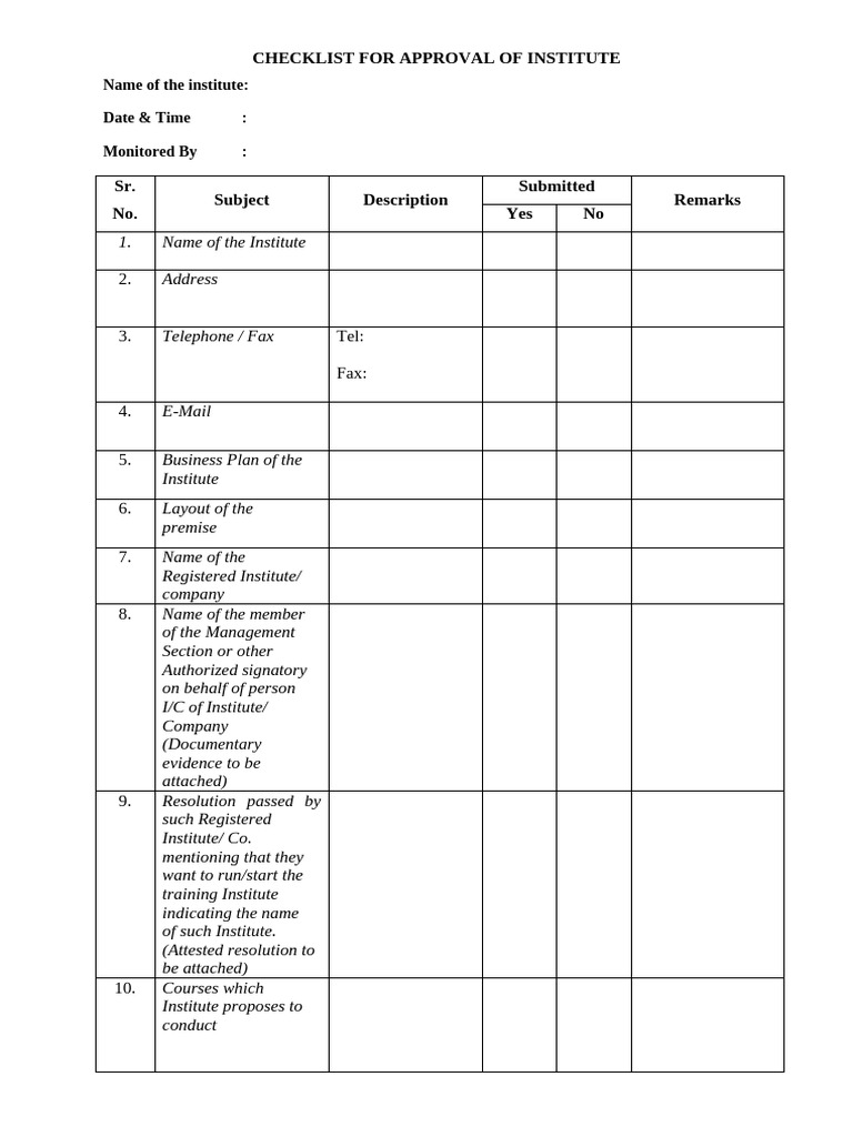 Checklist For Approval of Institute | PDF