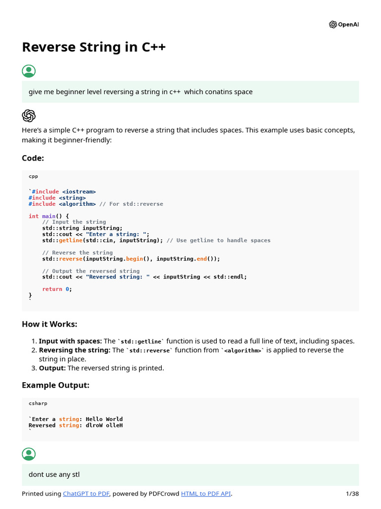 Reverse String in C++ | PDF | C++ | Namespace