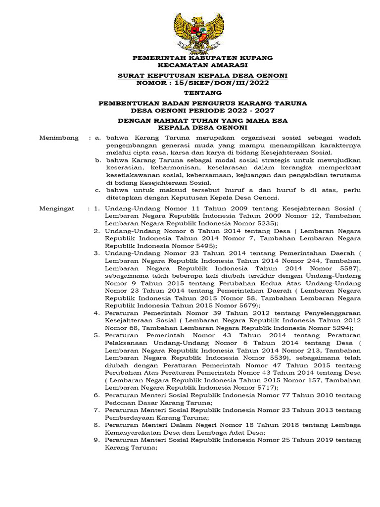 15. SK KARANG TARUNA DESA OENONI PERIODE 2022 - 2027 | PDF
