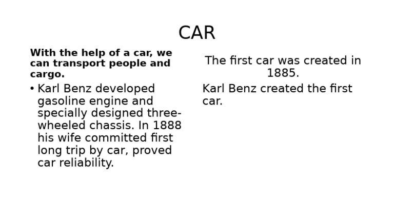 The First Car Was Created in 1885. Karl Benz Created The First Car | PDF