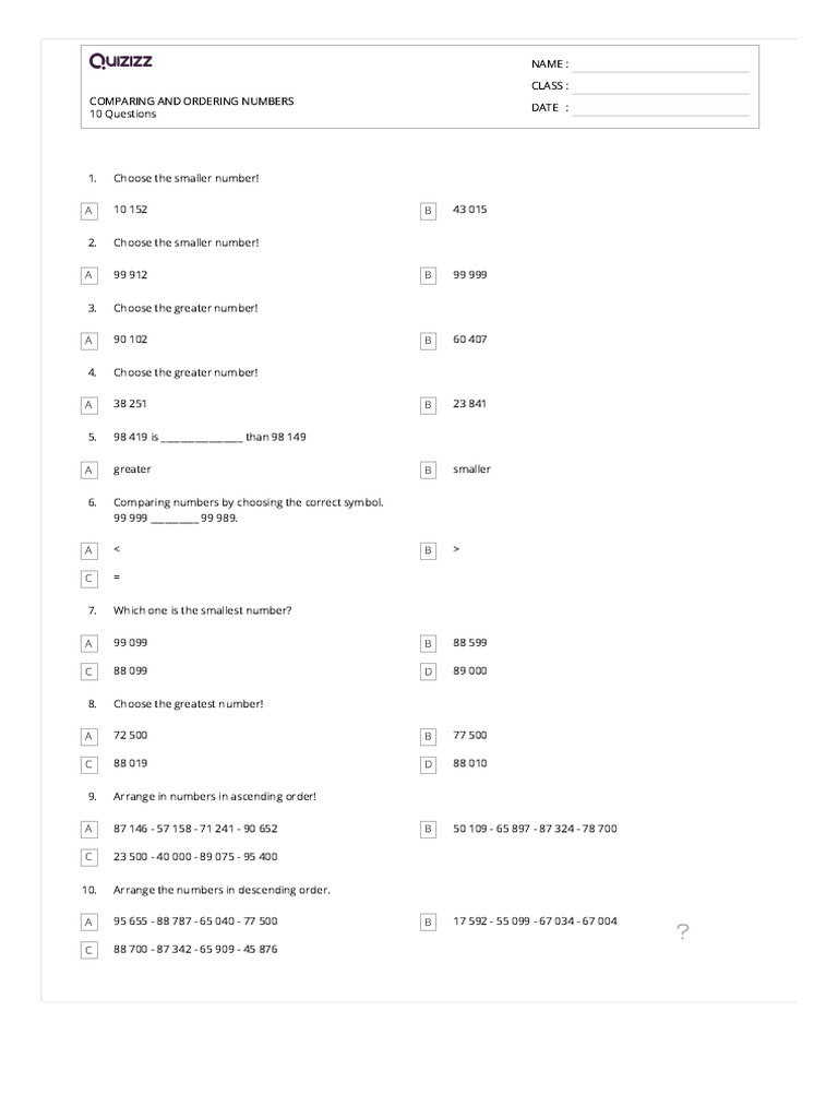 Comparing and Ordering Whole Numbers | PDF