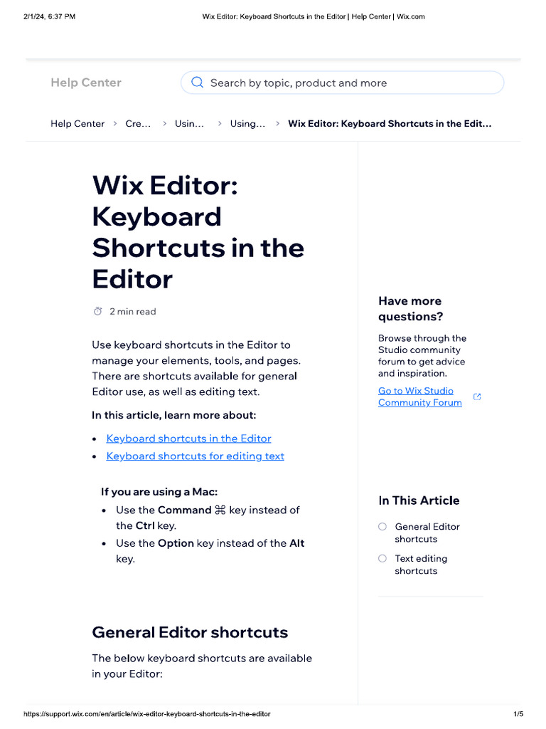 Wix Keybord Shortcuts | PDF