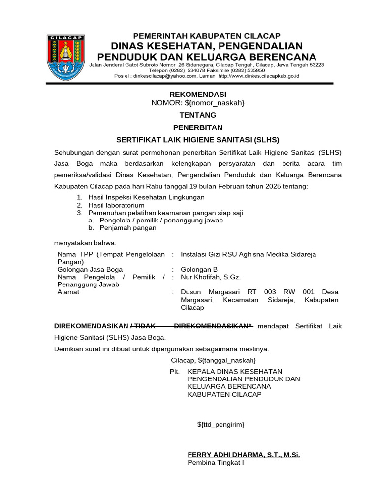 Rekomendasi SLHS RSU Aghisna Medika Sidareja | PDF