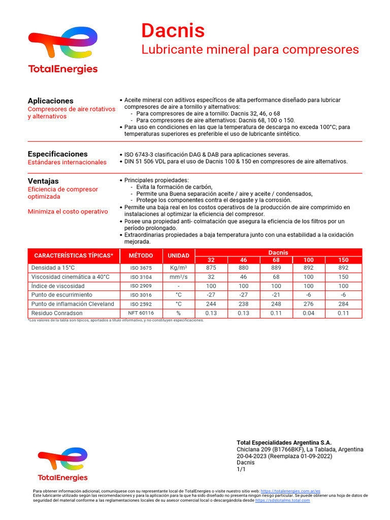 TDS TotalEnergies Dacnis-46 OZD ES ARG | PDF | Lubricante | Sustancias químicas