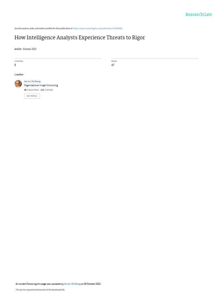 Wolfberg Howintelligenceanalystsexperiencethreatstorigor StudiesinIntelligence Sep-2023 | PDF ...