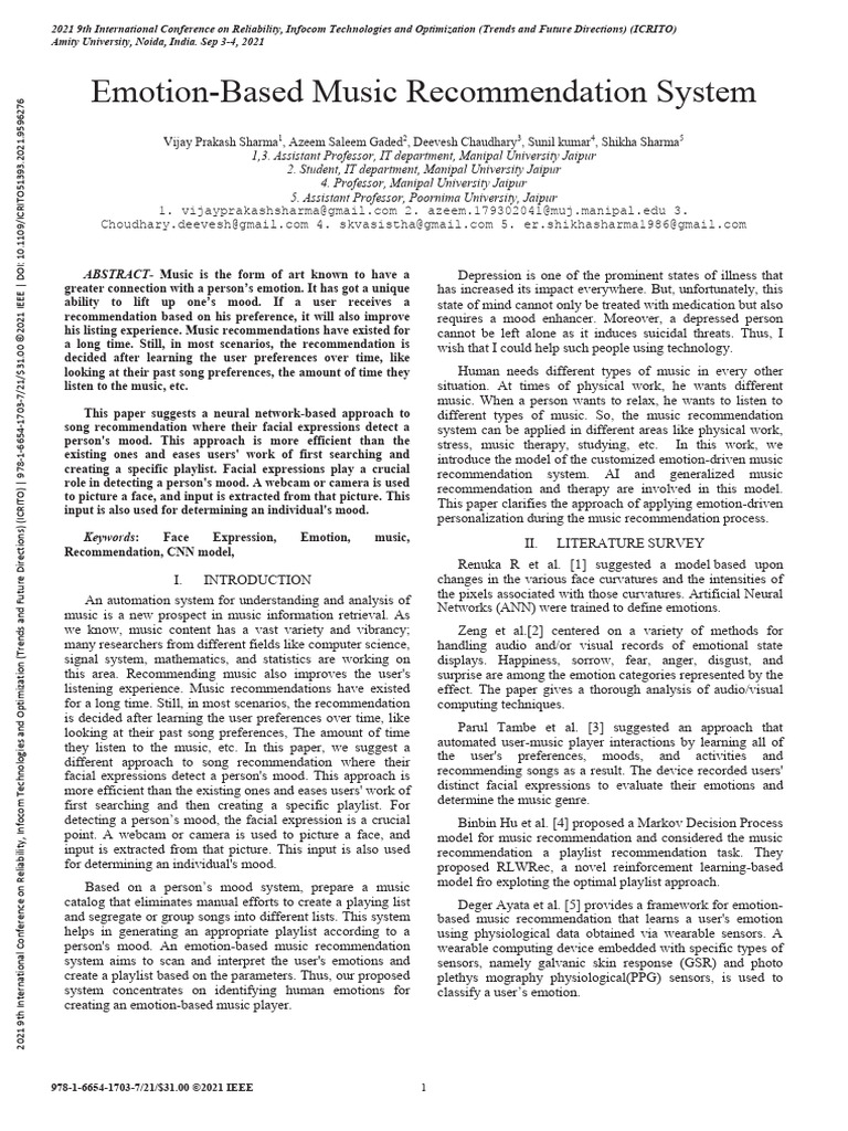 Emotion-Based Music Recommendation System | PDF | Emotions | Support Vector Machine