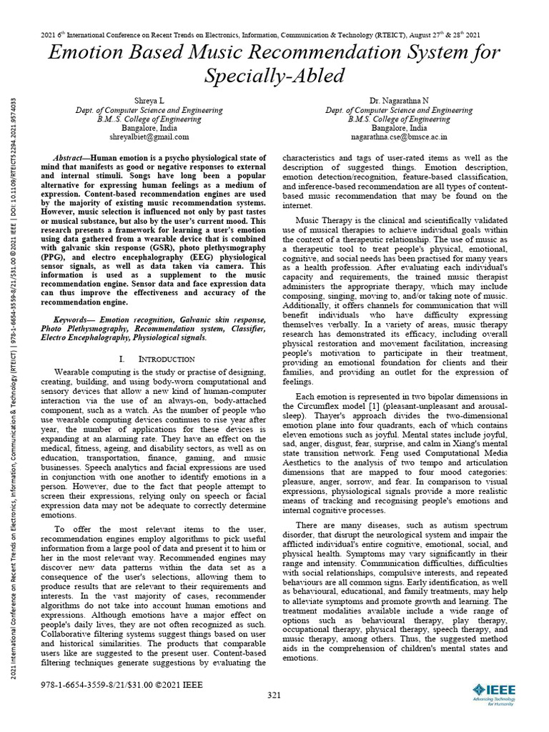 Emotion Based Music Recommendation System For Specially-Abled | PDF | Emotions | Cognition