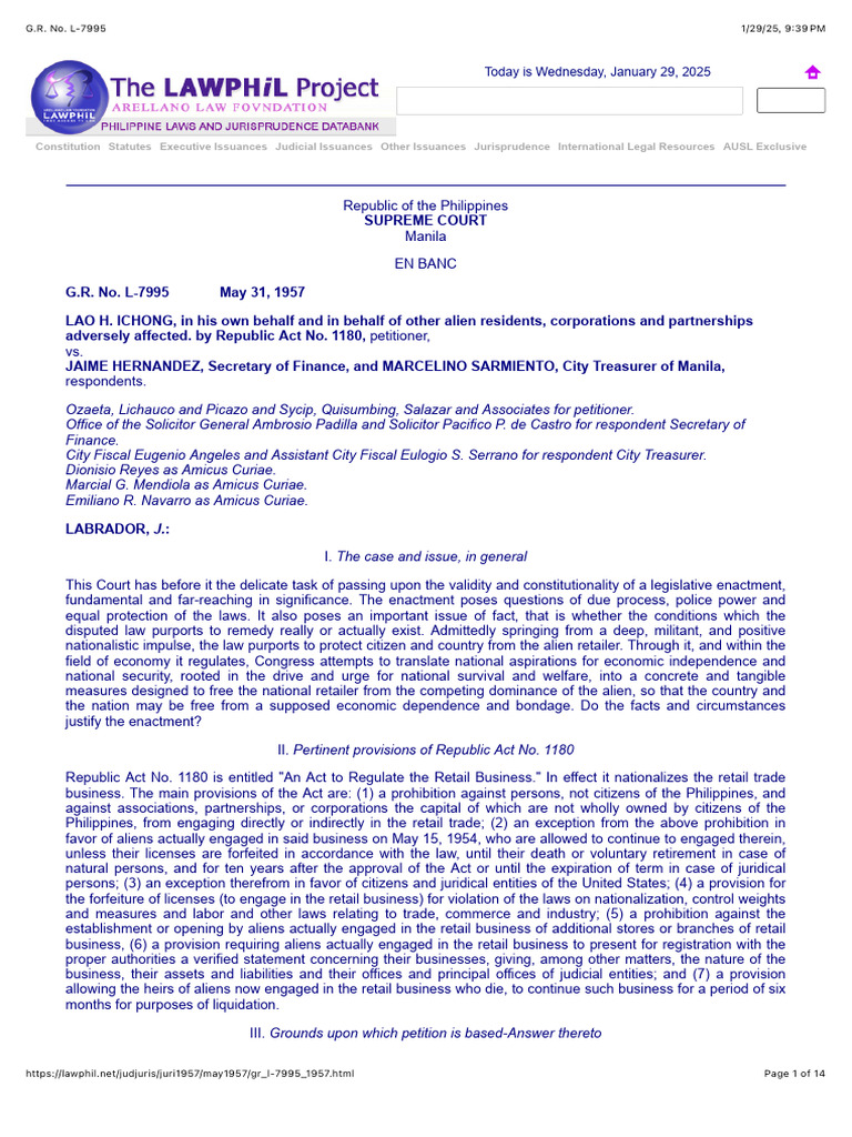 Supreme Court Ruling on Republic Act 1180 | PDF | Equal Protection ...