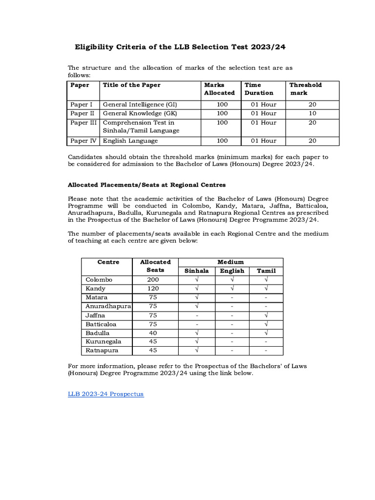 LLB Selection Test Marks Criteria 2023/24 | PDF