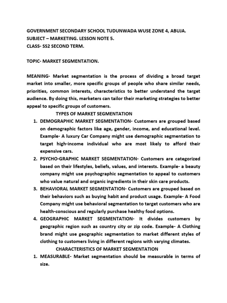 Market Segmentation Ss2 Note 5 | PDF | Market Segmentation | Marketing