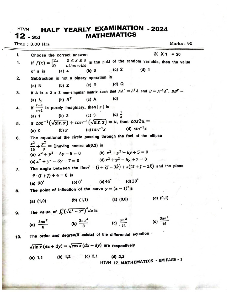 12th Maths 1st Revision Exam 2025 Original Question Paper ...