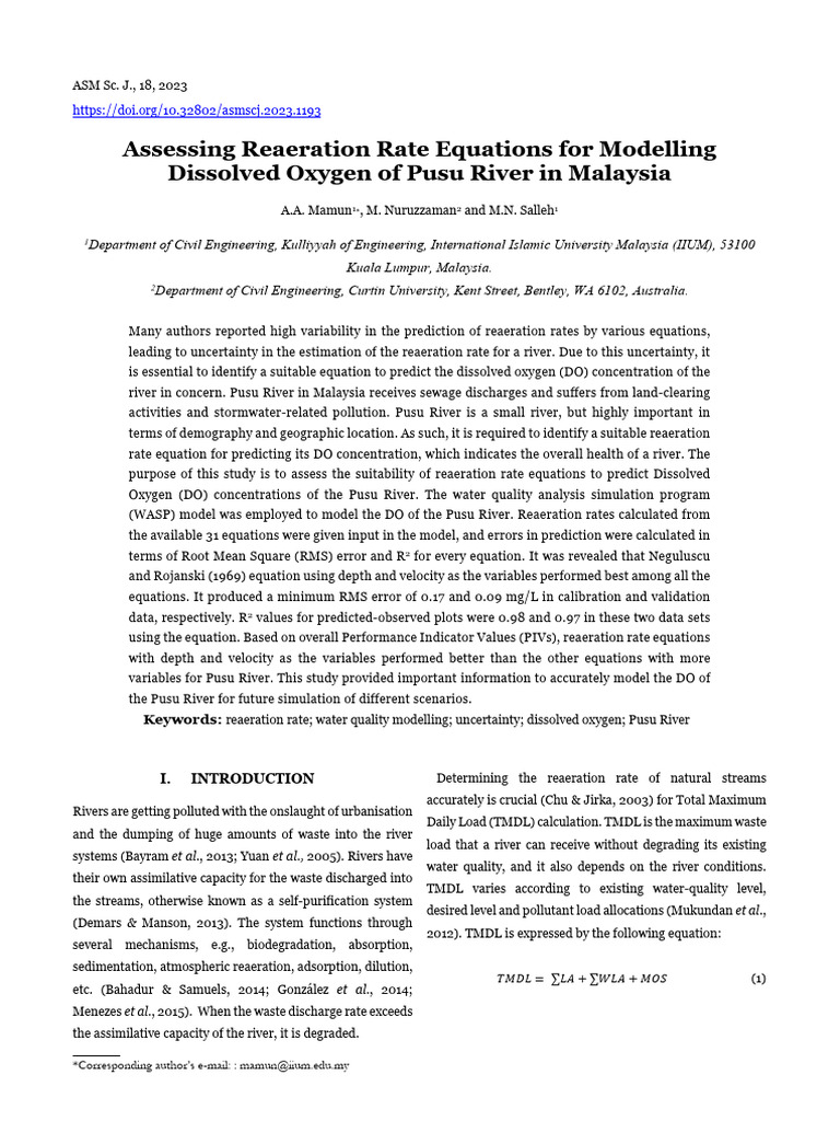 Reaeration Rate Equations for Pusu River | PDF | Root Mean Square ...