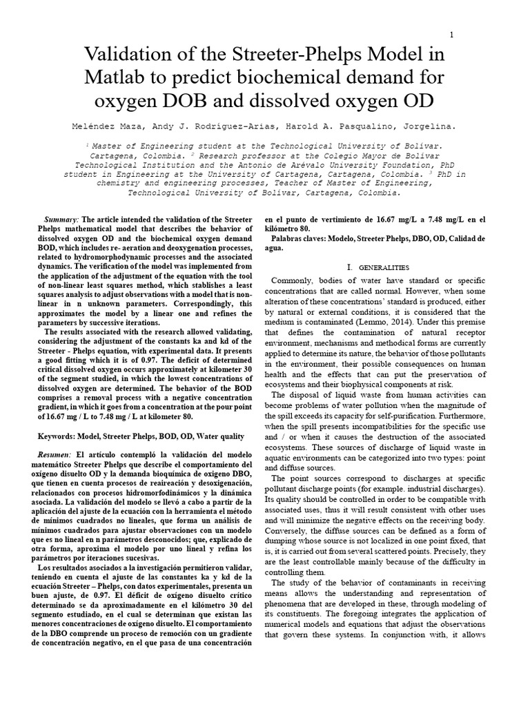 Validation of The Streeter-Phelps Model in Matlab To Predict ...