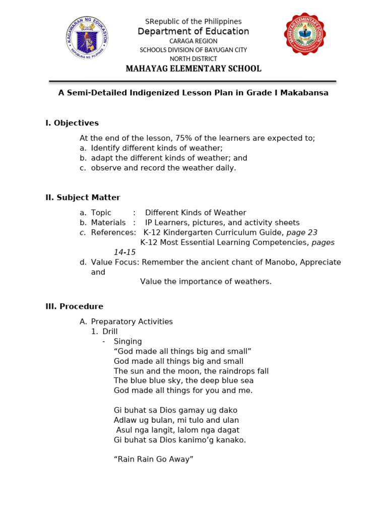 Grade I Indigenized Lesson Plan | PDF | Teaching | Learning