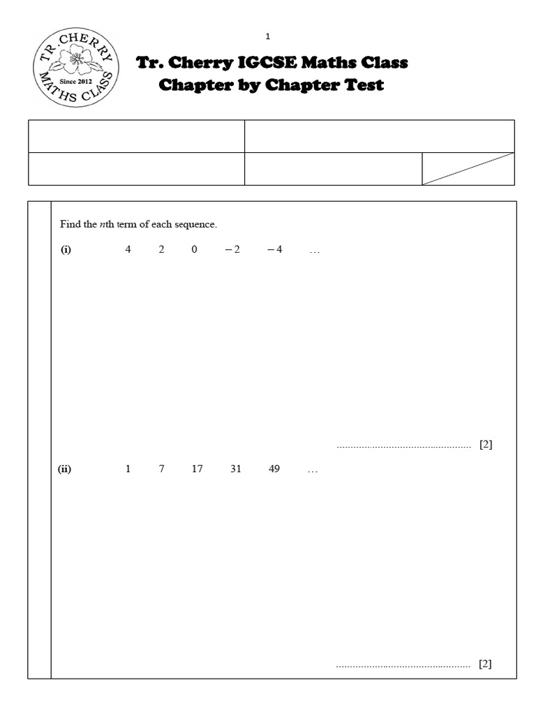 IGCSE Maths: Sequence Patterns Test | PDF