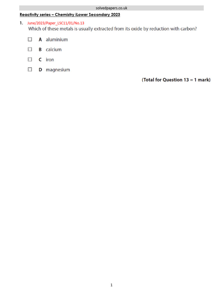 2023 Reactivity Series Edexcel Chemistry Isecondary | PDF