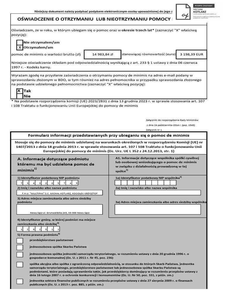 Formularz Pomoc de Minimis | PDF