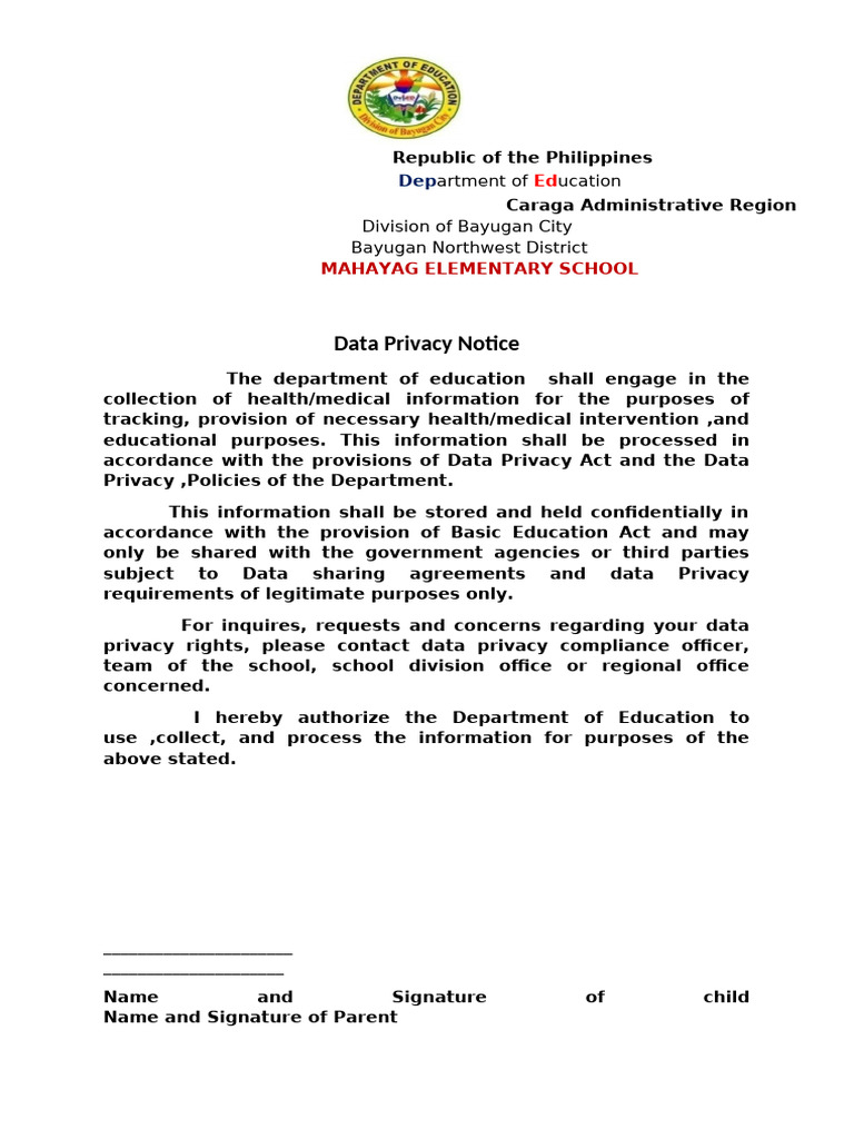 Data Privacy Notice for Mahayag Elementary | PDF