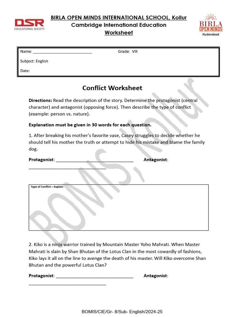 Conflict Types and Character Analysis Worksheet | PDF