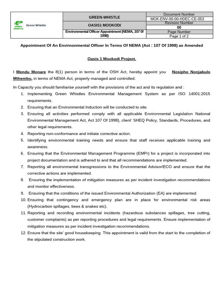MOK ENV 00 00 HDEC CE 053 - Environmental Officer Appointment | PDF ...